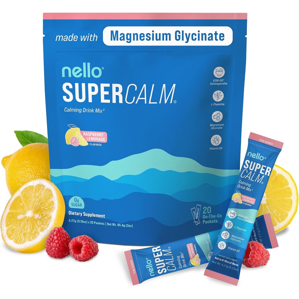 Nello Supercalm Powdered Drink Mix, Raspberry Lemonade, L Theanine, Ksm-66 Ashwagandha ...