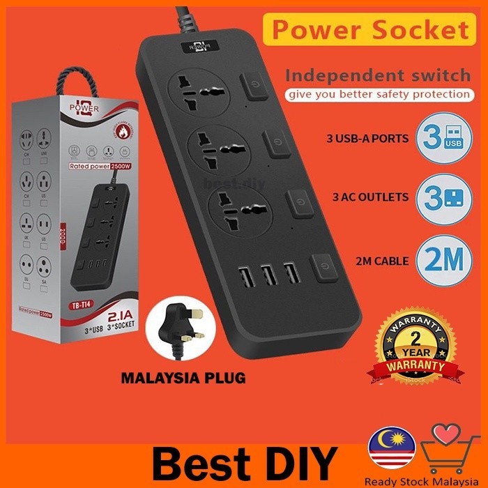 Universal Power Socket with USB Port Extension Power Bar Electric Surge ...