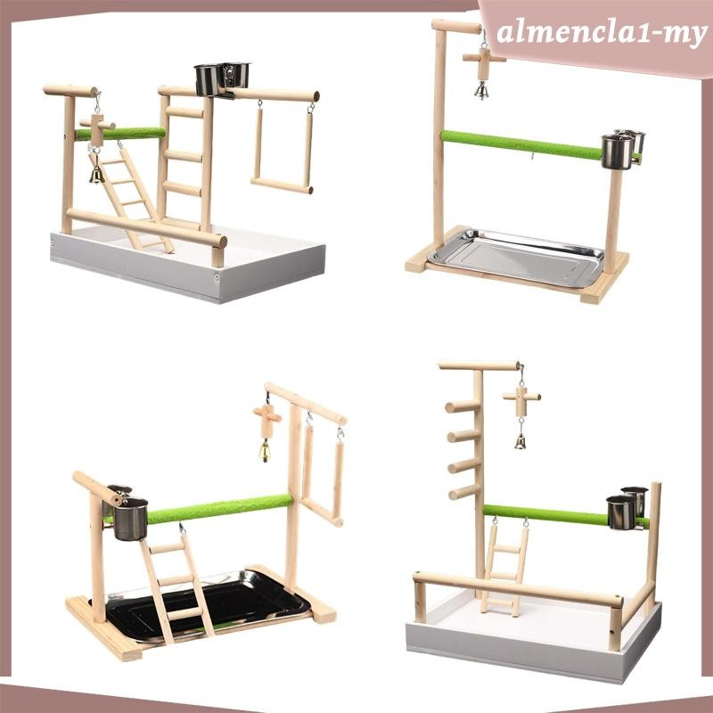 [AlmenclaabMY] Parrot Playstand with Feeder Cups Wood Perch Playpen ...