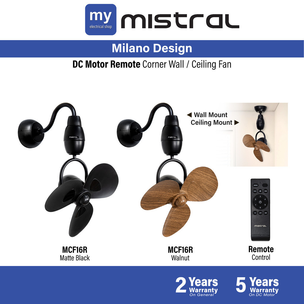 Mistral Milano Design DC Motor Corner Wall Ceiling Fan Matte Black ...