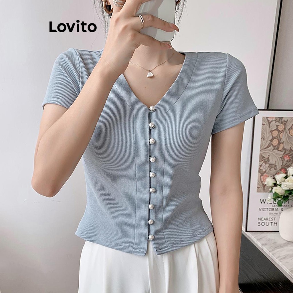 Lovito Casual Plain Pearls Button Front T-Shirt for Women LNE46400 ...