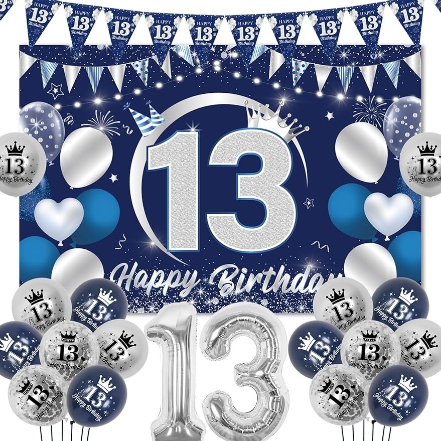 CHEEREVEAL 13th Birthday Decorations for Boy Navy Blue and Silver ...