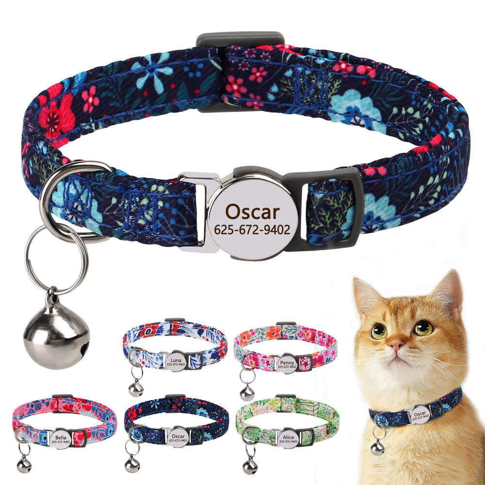 Personalised Breakaway Nylon Cat Collar with Bell Soft Padded Kitten ...