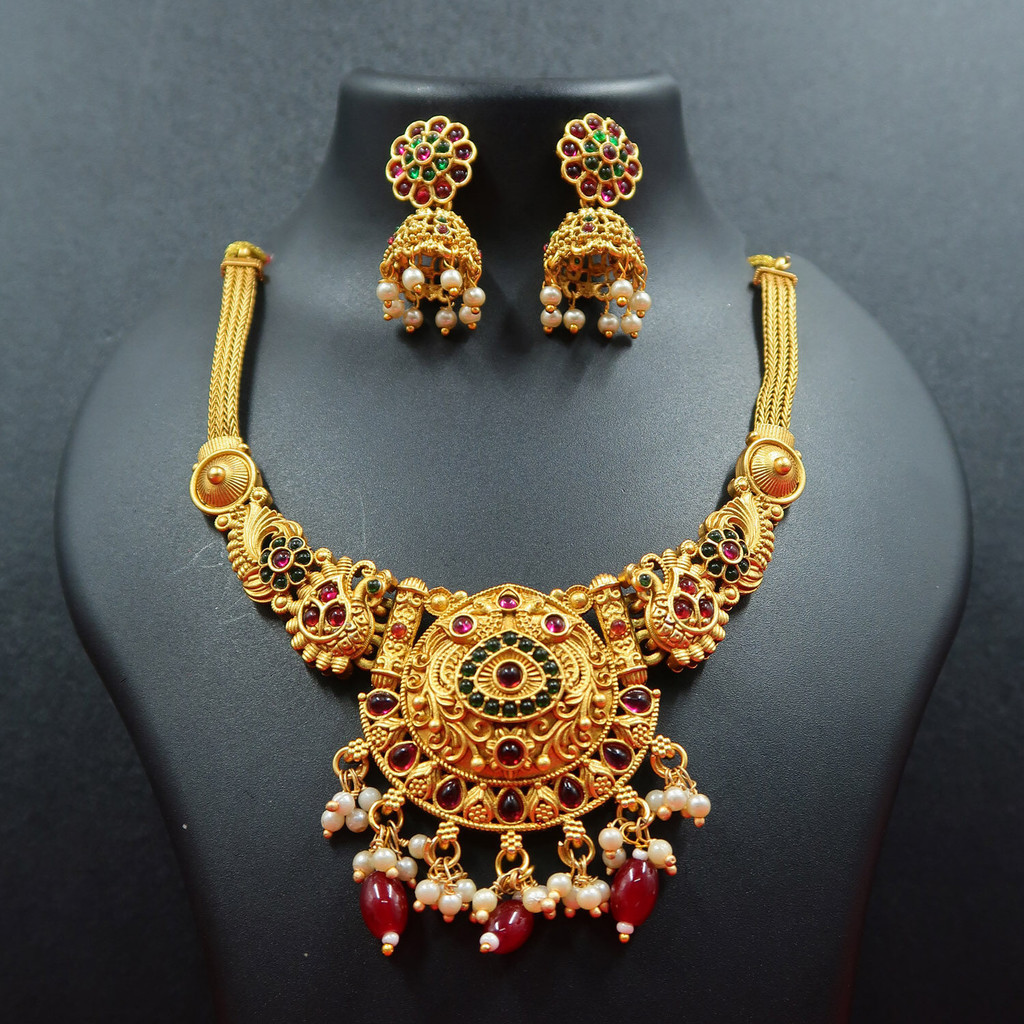 Premium Matte Gold Flower Design Choker Set With Pearl | Indian Choker ...