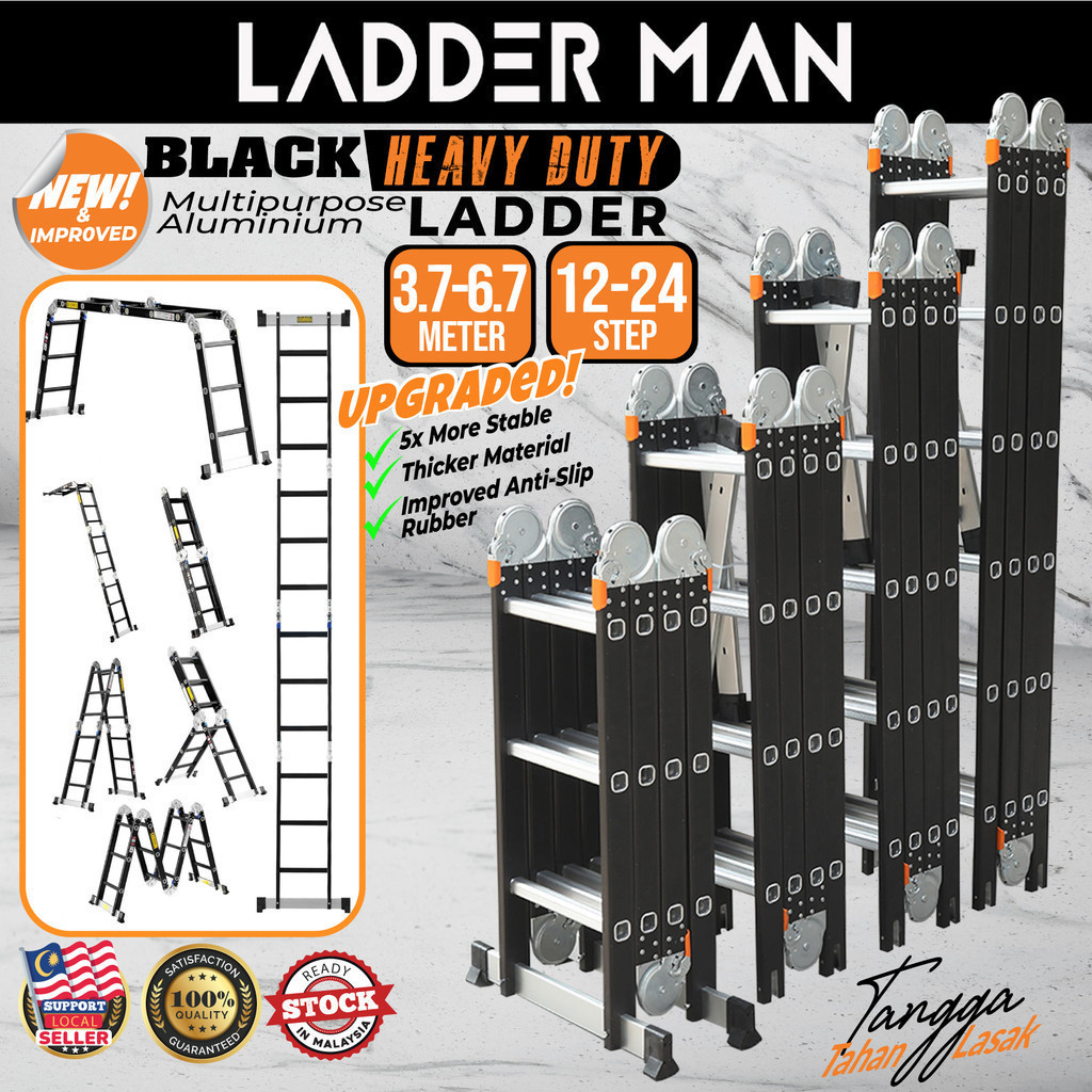 12 - 24 STEP ( 3.7M - 6.7M ) HEAVY DUTY Black Aluminium Multipurpose ...