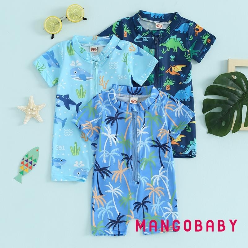 MANGO-Baby Boy Rash Guard Swimsuit Cute Print Short Sleeve Zip Front ...