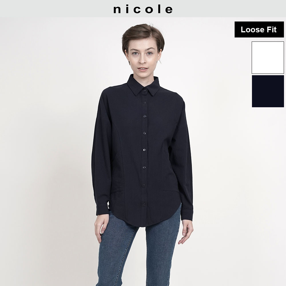 Nicole Collar Button Up Long Sleeve with Patch Pocket Curved Hem Long ...