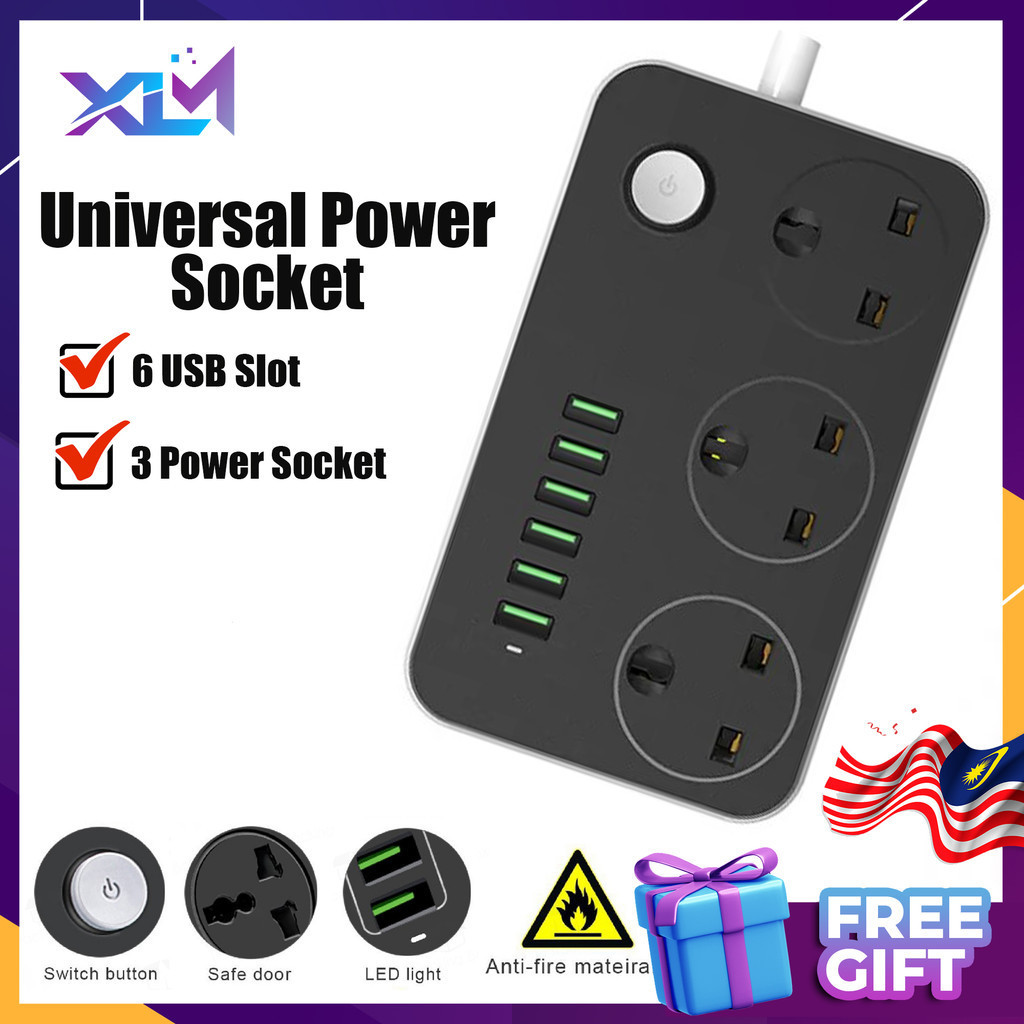 XLM 6 USB 3 UNIVERSAL POWER CHARGING SOCKET EXTENSION CORDS PLUG ...