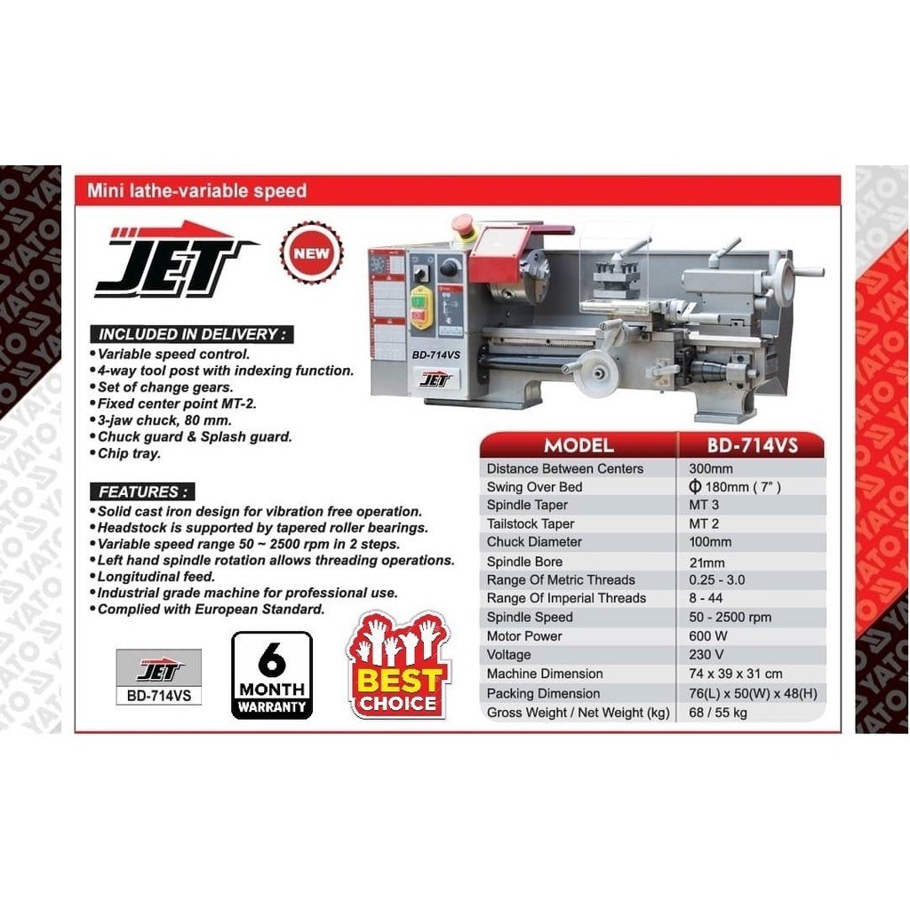 Jet 600W 7 x 12-inch Variable-Speed Mini Metal Lathe Machine | Shopee ...