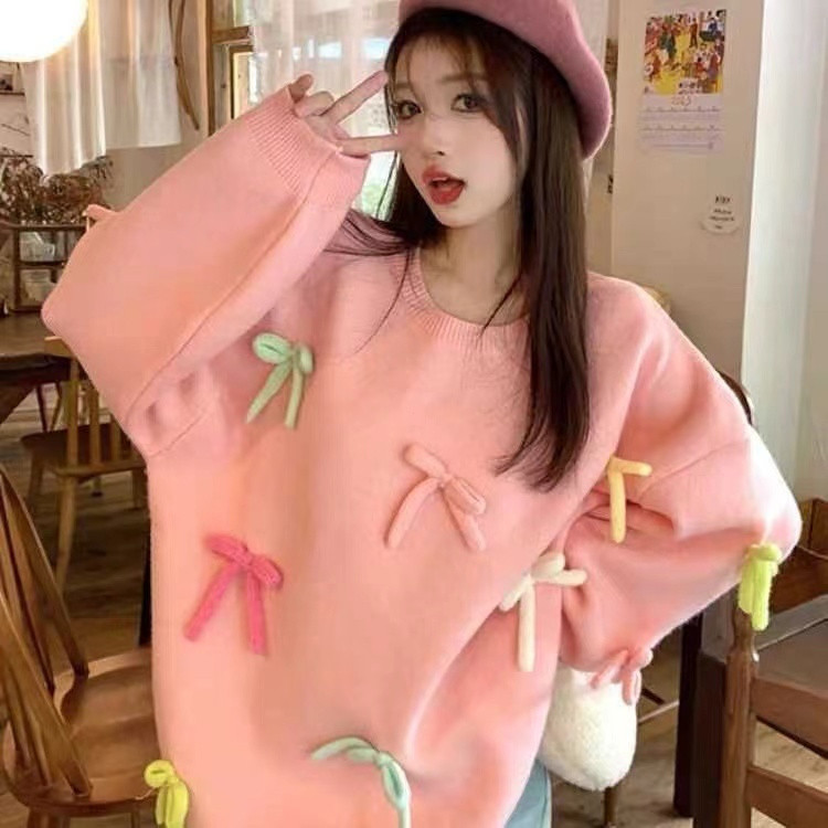 Women's knitted tops, ladies' sweet round neck long sleeves ...
