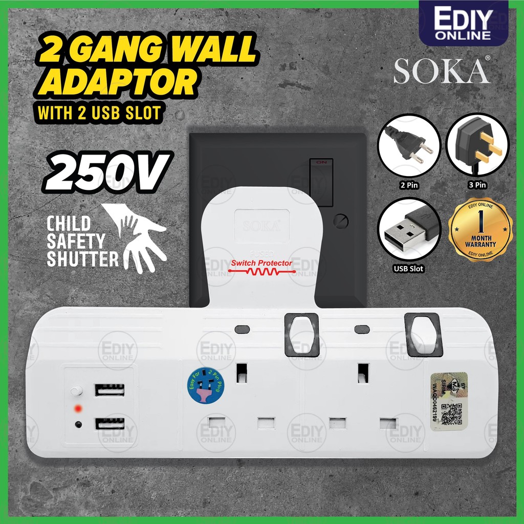 【SIRIM】3 PIN SOCKET OUTLET T ADAPORT USB 2 PORT PLUG SWITCH ADAPTOR WAY ...