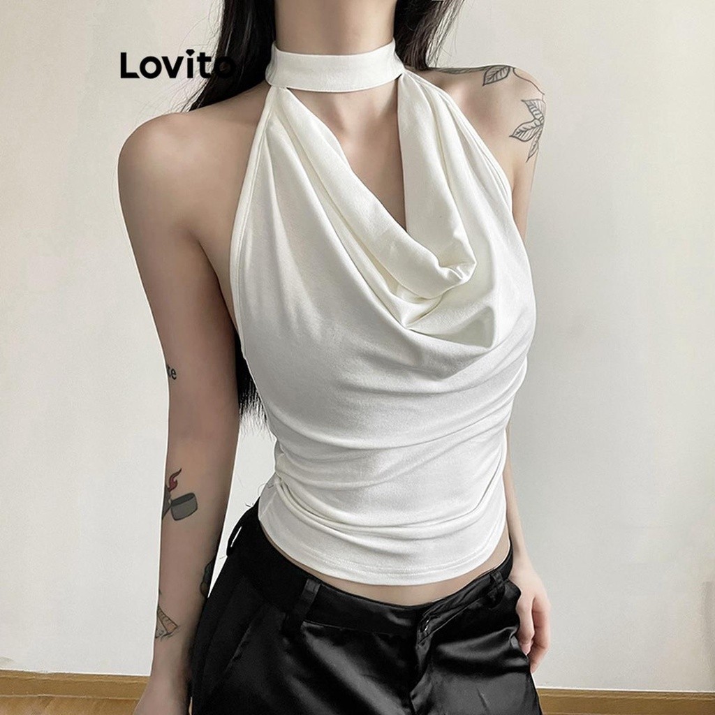 Lovito Elegant Plain Backless Halter Neck Tank Top for Women LNL42140 ...
