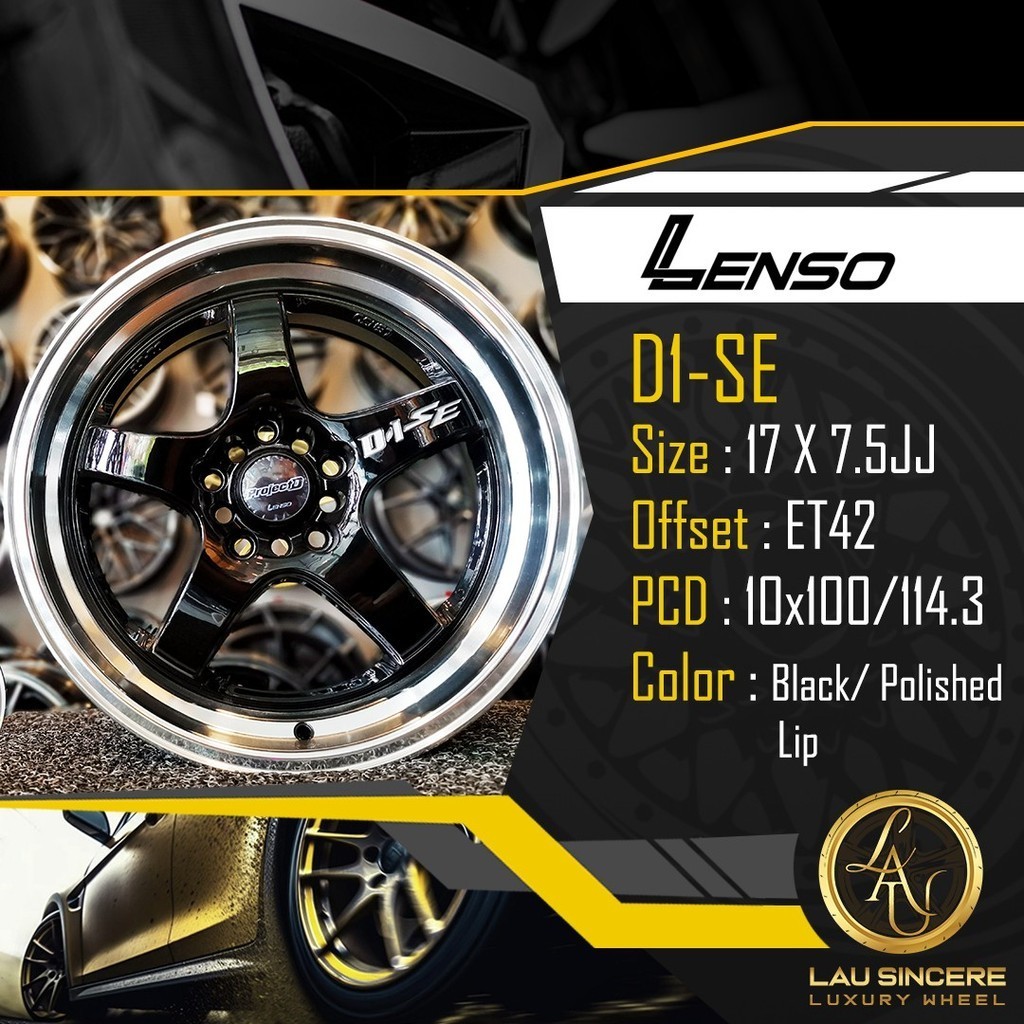 Lenso D1-SE 17 X 7.5JJ 10x100/114.3 Black/ Polished Lip (Hitam / Bibrir ...