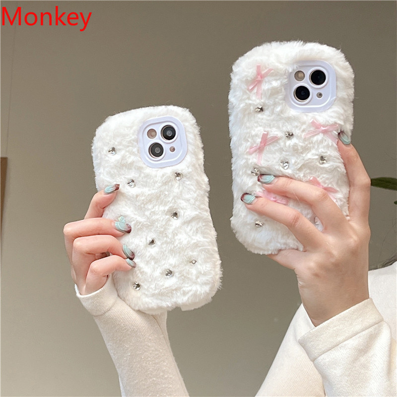 Luxury Diamond White Fluffy Bow Plush Phone Case For iPhone 15 Plus ...