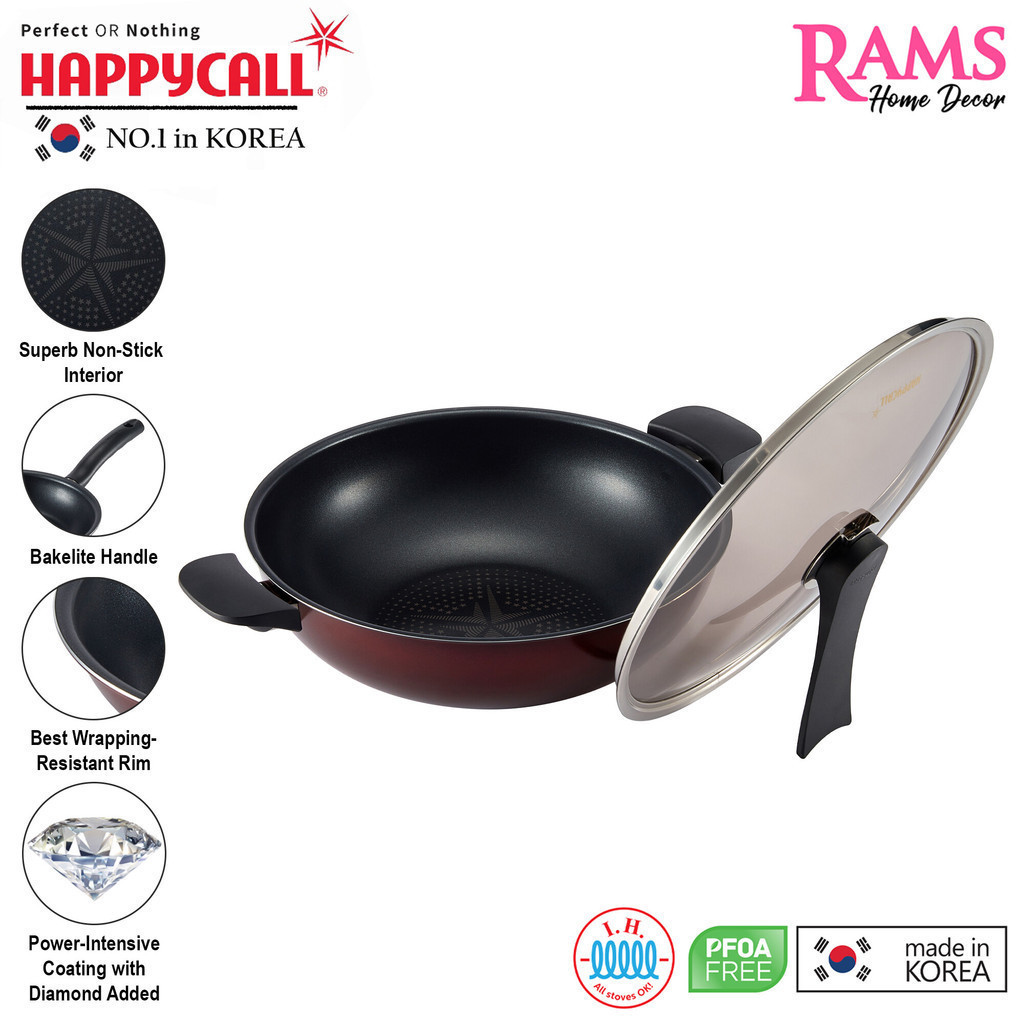 Happycall Non Stick Induction Diamond Solaris Wok Pan with Glass Lid ...