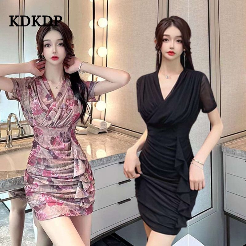 KDKDP slim hip wrap dress low cut sexy short skirt print shows the ...