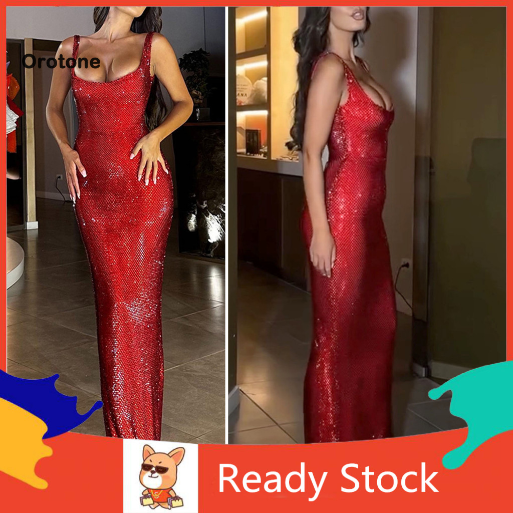 [Ready stock] Red Formal Dress Women Prom Dress Sparkling Sequin ...