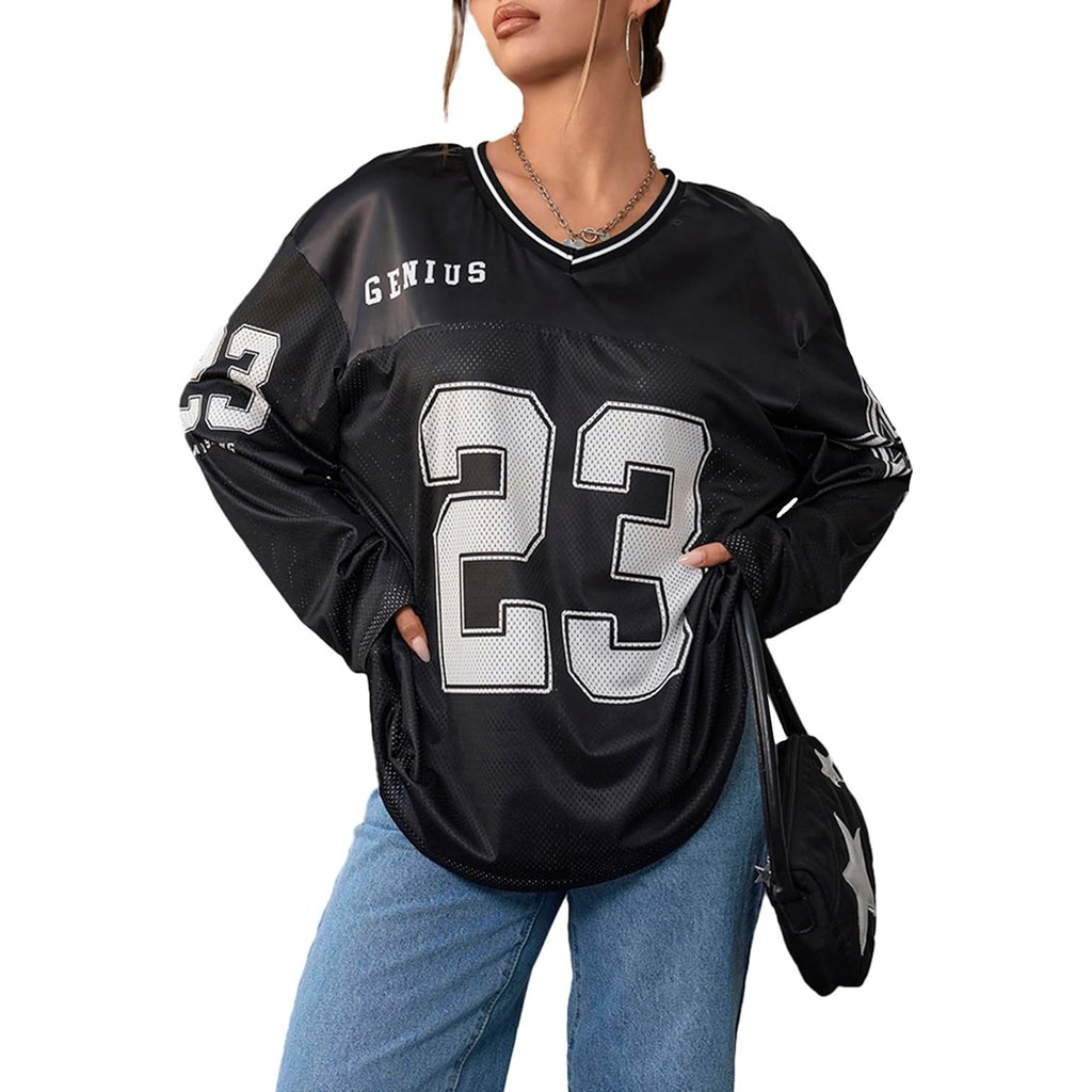 Women's Jersey Shirts Oversized Mesh Number Graphic Tees V Neck Long ...