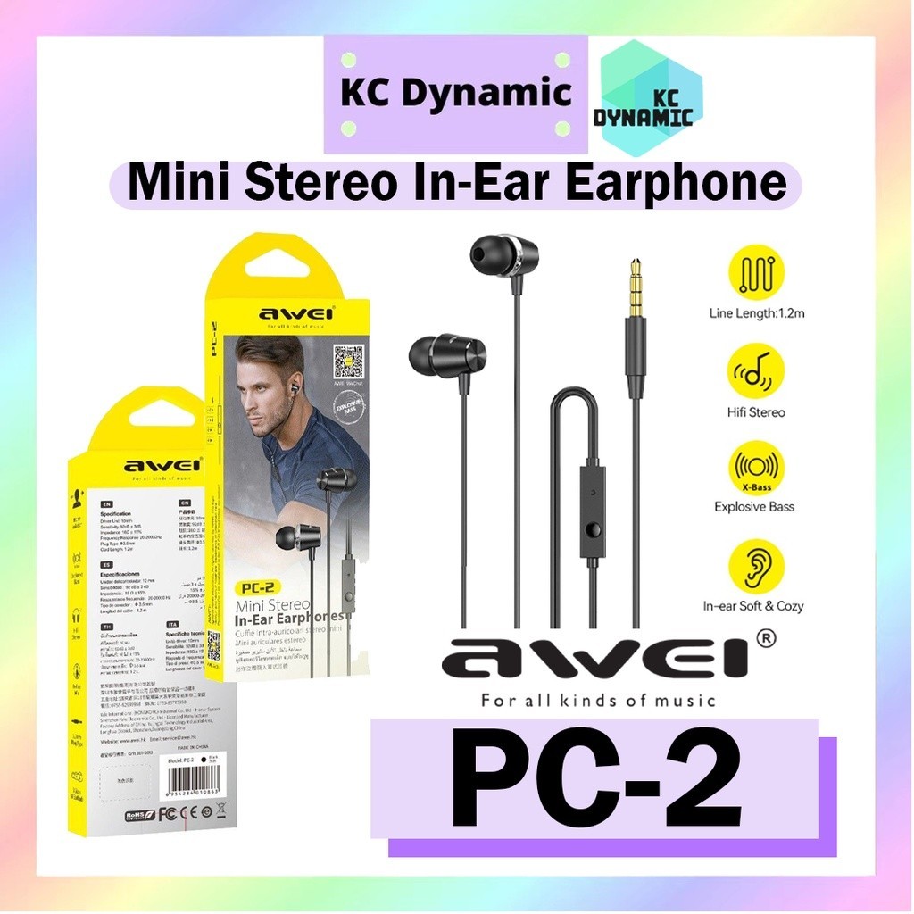 Original Awei PC-2 Mini Stereo Earphone 3.5mm In-Ear Earphones Wired ...
