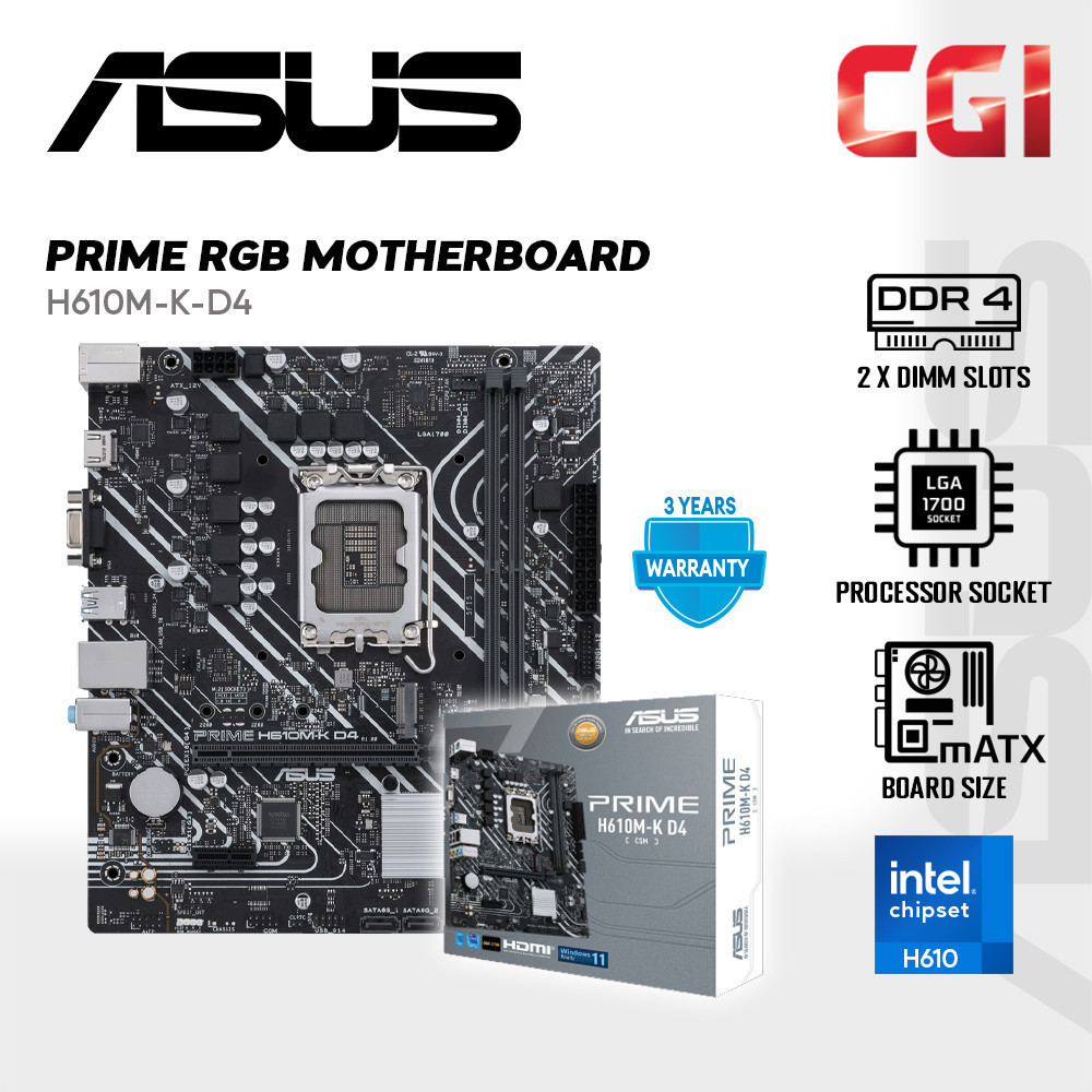 Asus PRIME H610M-K-D4-CSM DDR4 LGA 1700 Motherboard Bundle i3-14100 / i5-14400 / i3-12100 / i5 ...
