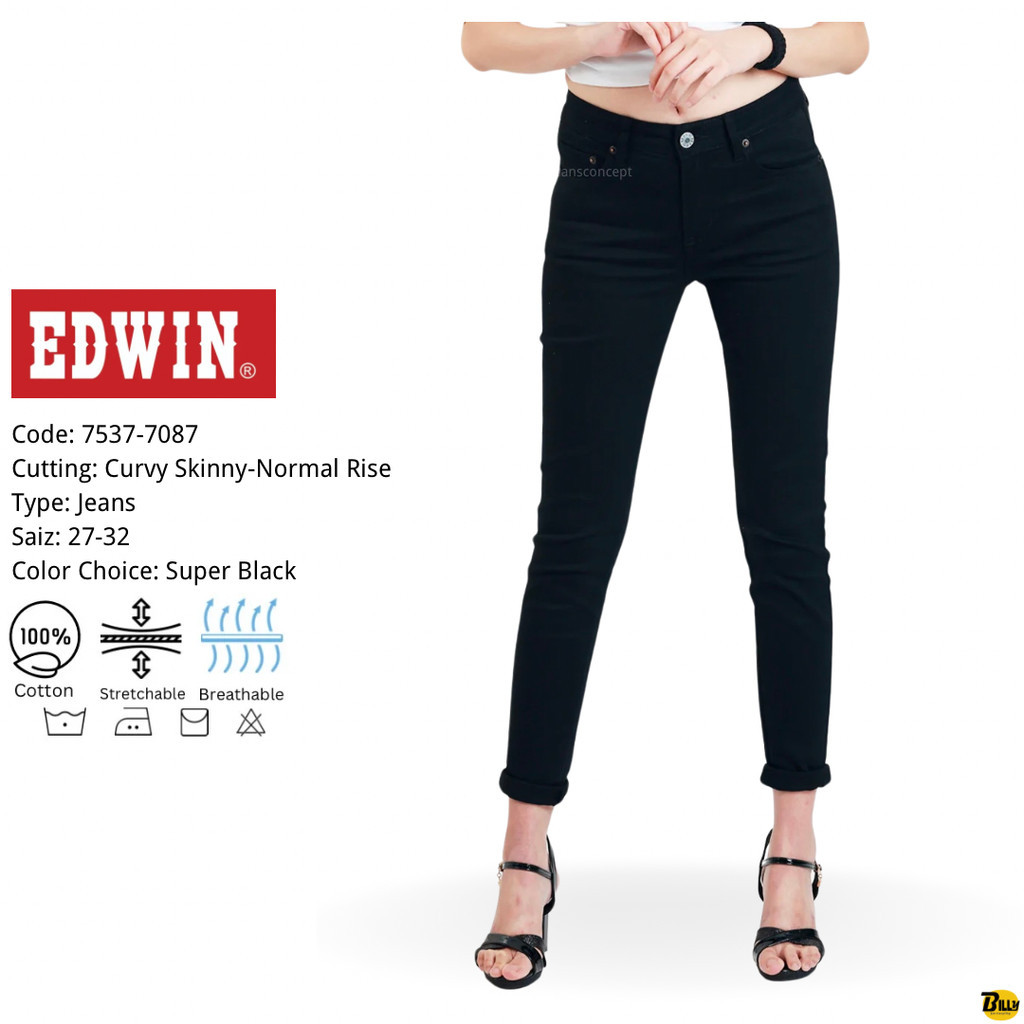EDWIN Brand Ladies Curvy Skinny Stretchable Super Black Jeans ( 7537-7087 ) | Shopee Malaysia