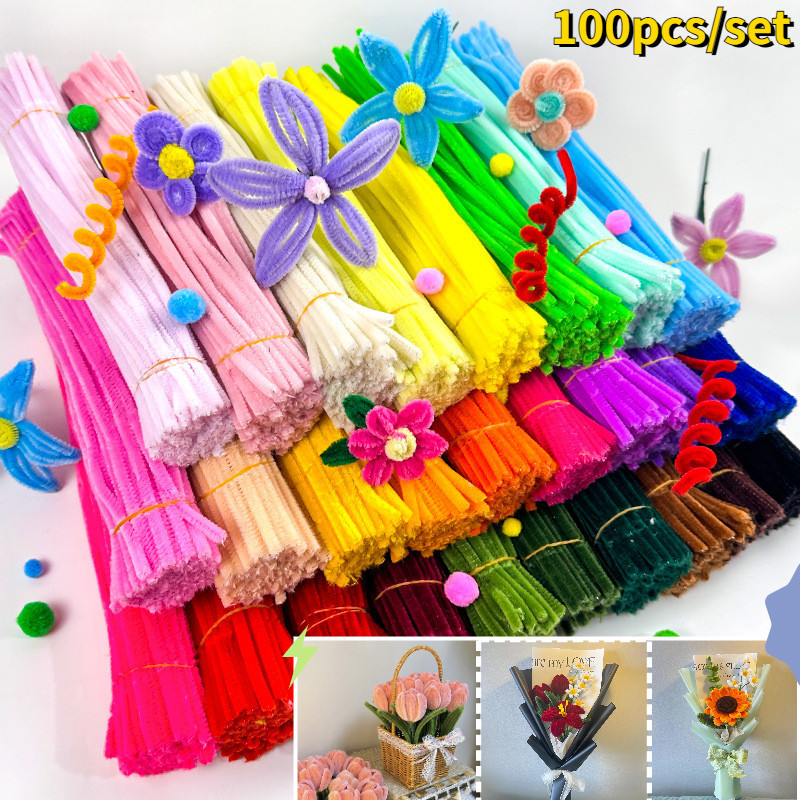 100pcs Multicolour Dense Fuzzy Wire Flower Chenille Stems Twist Stick ...