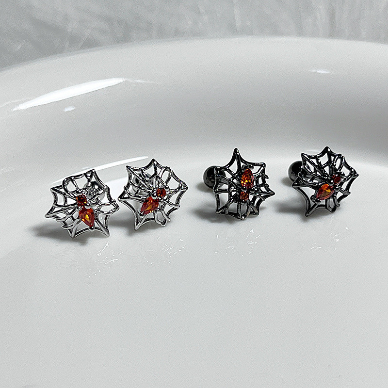 Dark Spider Web Zircon Stud Earrings Niche Temperament Screws Sweet ...