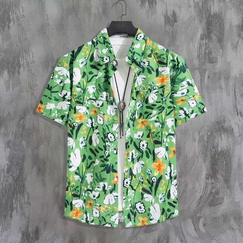 M 3xl New Trend Summer Mens Short Sleeved Hawaiian Shirt With Green