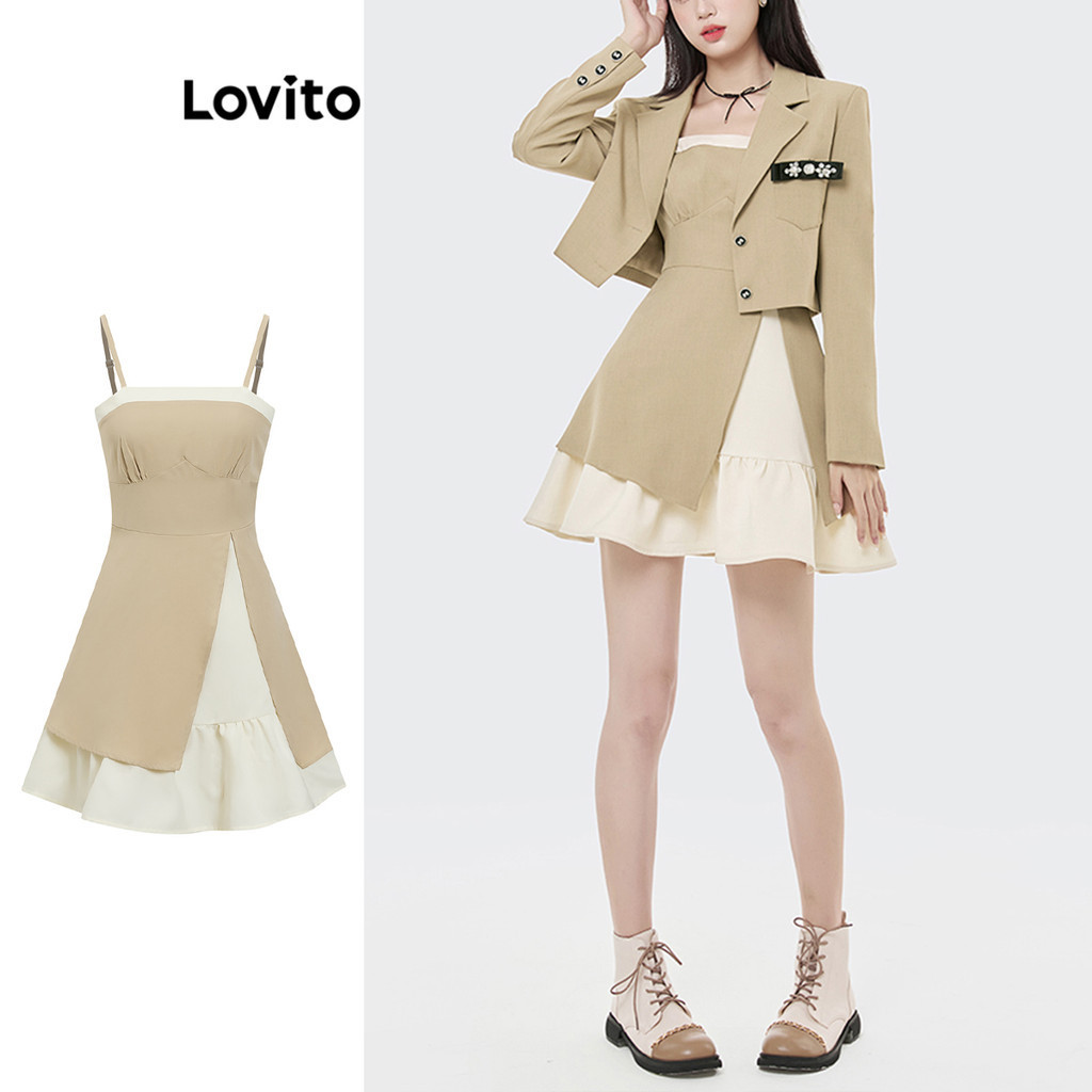 Lovito Cute Plain Button Pocket Ruffle Hem Skirt Sets for Women ...