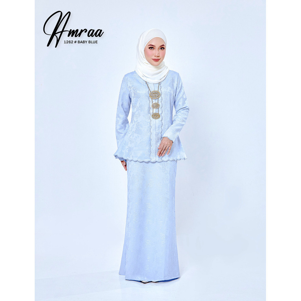 AMRAA KURUNG MODERN (BABY BLUE) BAJU MINI RAYA COTTON EMBROIDERY LACE PLAIN PRINTED KEBAYA MURAH ...