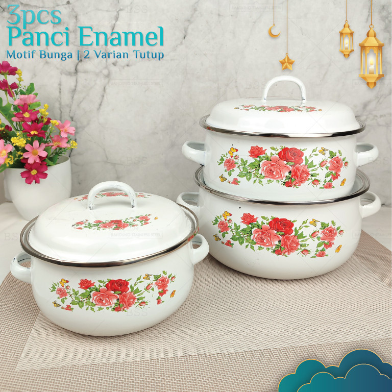 Enamel Pot Set 3pcs Glass Lid Soup Cooking Beautiful Cute Floral ...