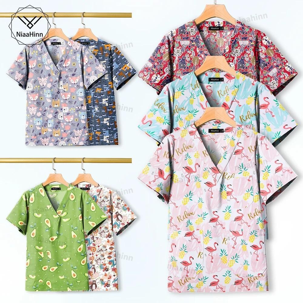 Hospital Nursing Scrub Top Printed Cotton Uniform High-quality Doctor ...