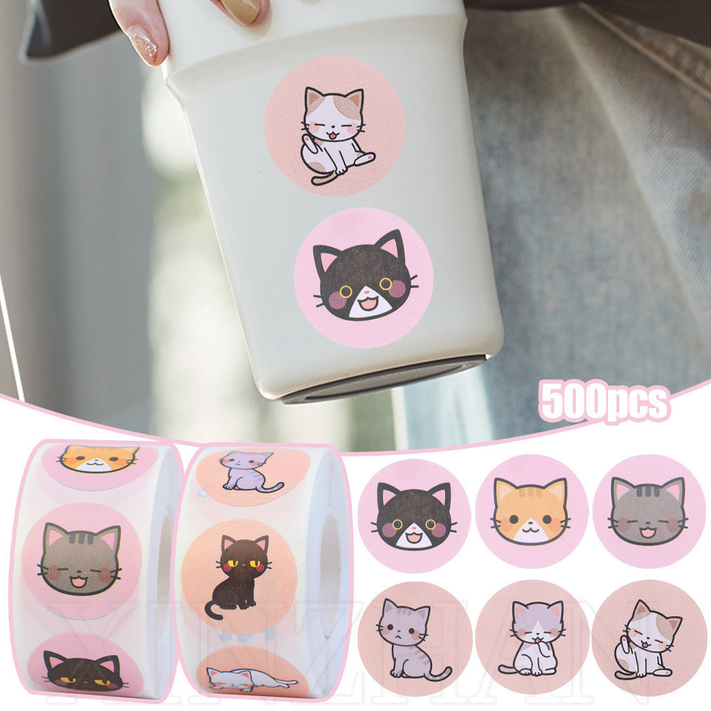 500Pcs/Roll Cartoon Cat Round Sealing Sticker - Cute Girls Hand Account ...