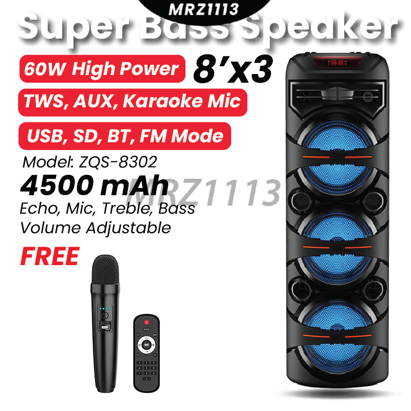 SING-E ZQS8302 Portable Tower 8 inch x3 Speaker System Outdoor Portable RGB Bluetooth Speaker ...