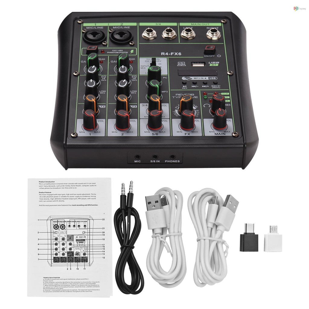 6 Channel Audio Mixer 48V Phantom Power OTG Mixing Console USB MP3 ...