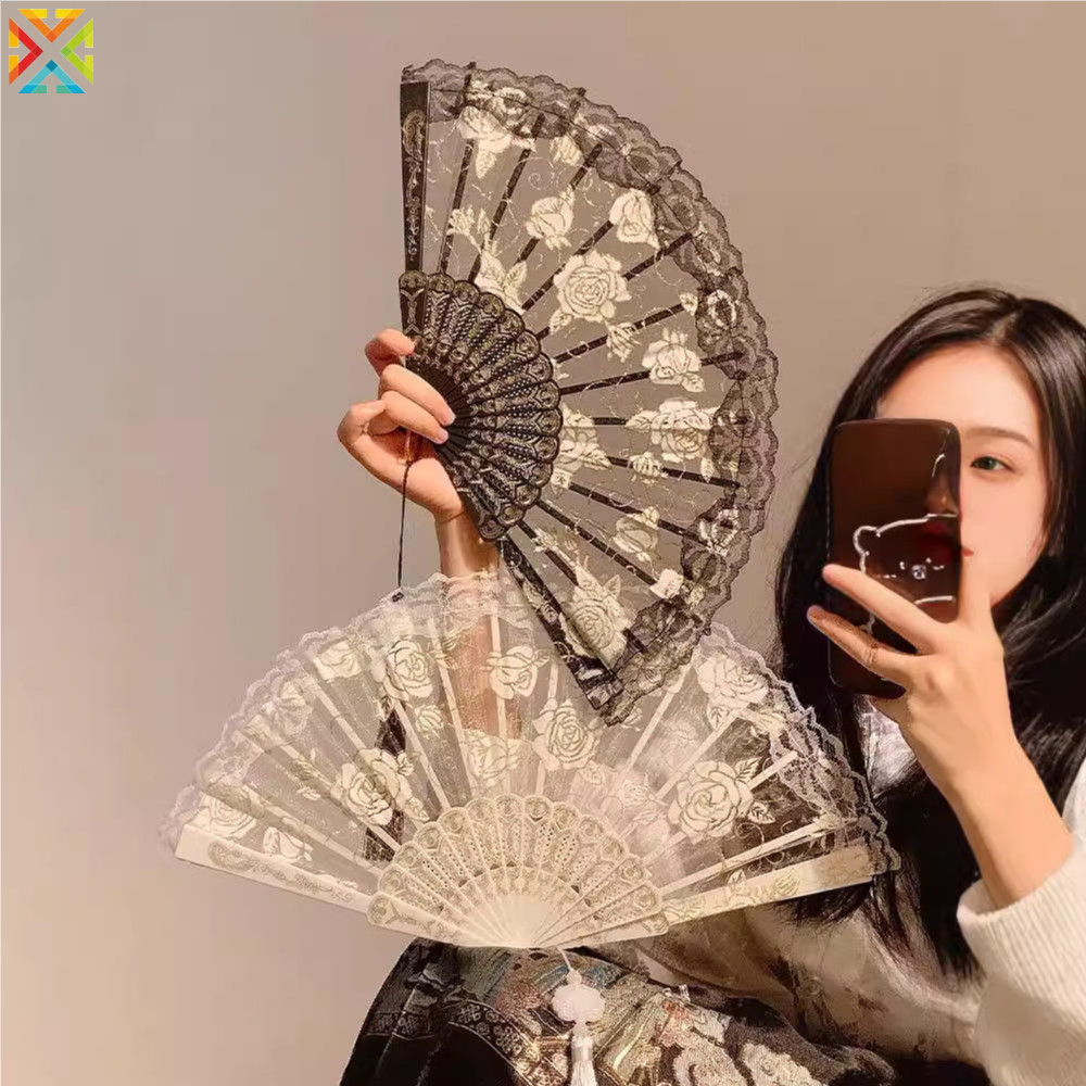Folding Lace Rose Flowers Hand Fan Chinese Fans with Tassel Wedding ...