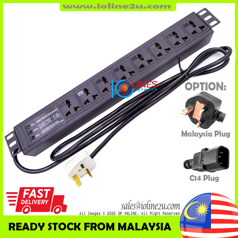 8 Gang Universal Socket Power Strip kilat Surge protection PDU 1U 19 ...