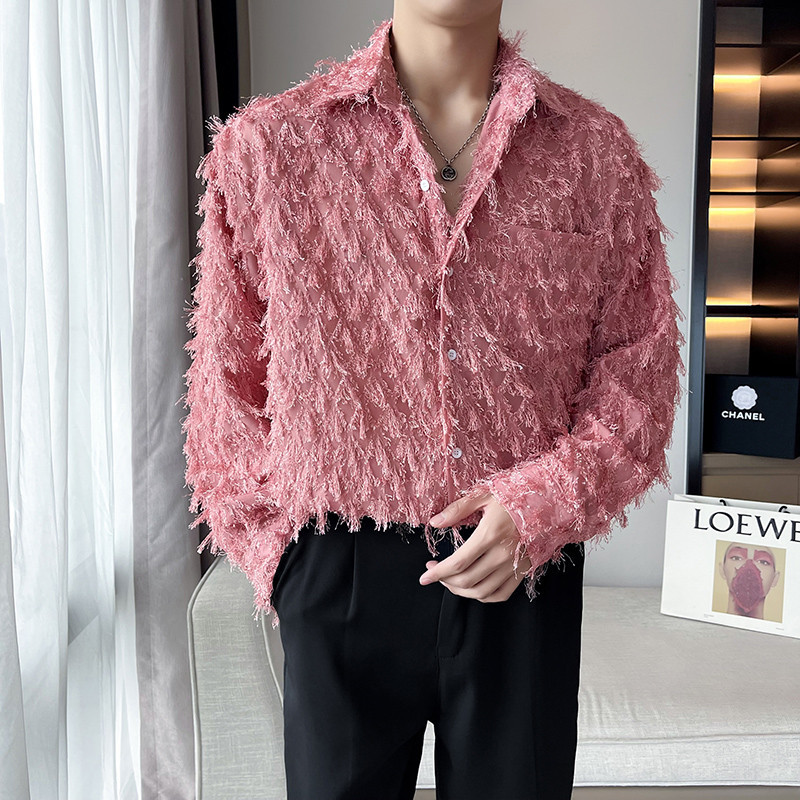2024 Spring Men's Long-Sleeved Shirt Translucent Feathers Matching ...