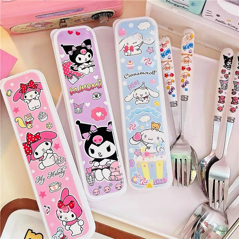Kawaii Kuromi Melody Tableware 3-piece Set with Box Sanrio Stainless ...