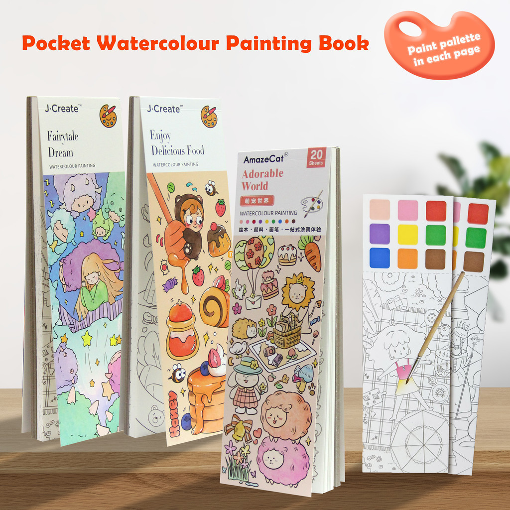 Watercolour Painting Book with Brush & Paint Built In Pigment (25cm x ...