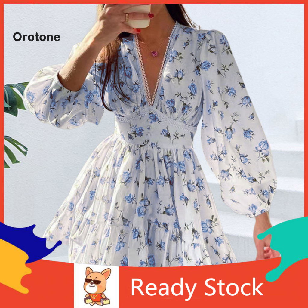 [Ready stock] Slim Waist Dress Short Women Dress Floral Print Lace A ...