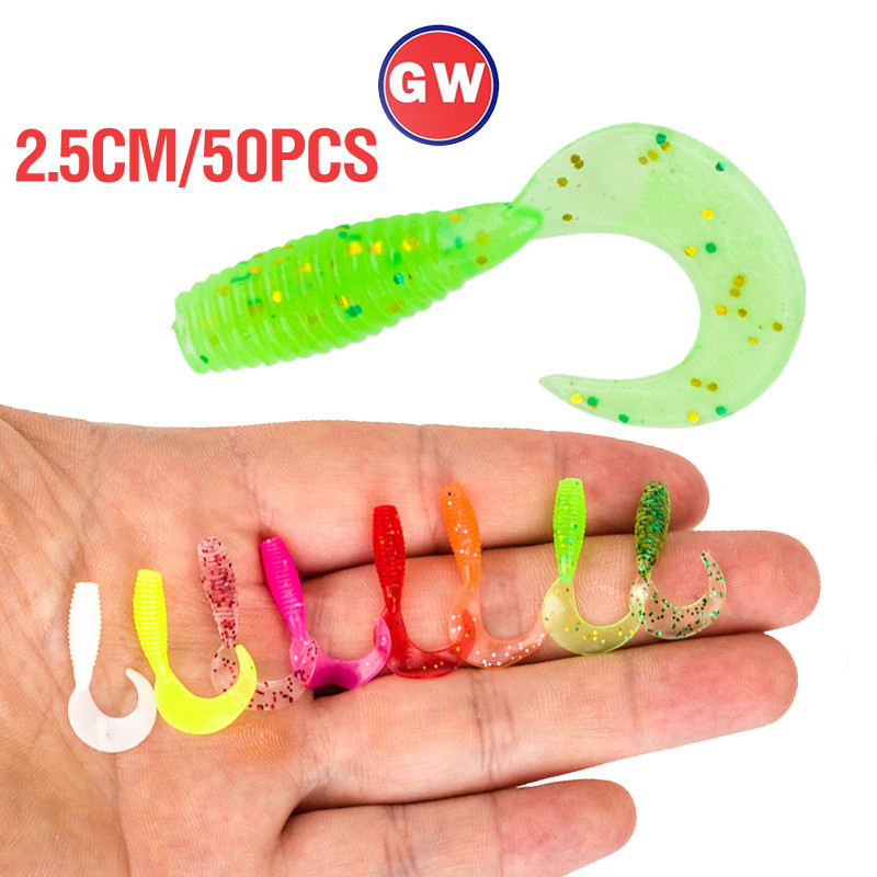 50pcs Fishing Lure 2.5cm Topwater Grub Curly-Tail 8color Soft ...