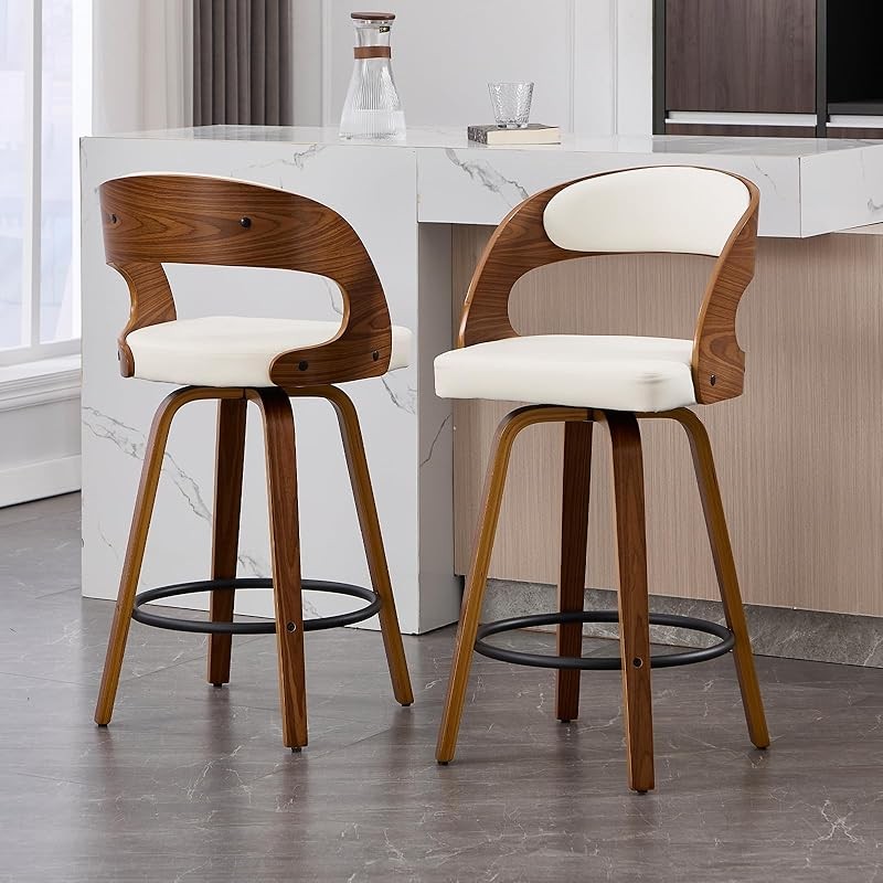 Swivel Bar Stools Set of 2, Walnut Counter Height Bar Stools with Back ...