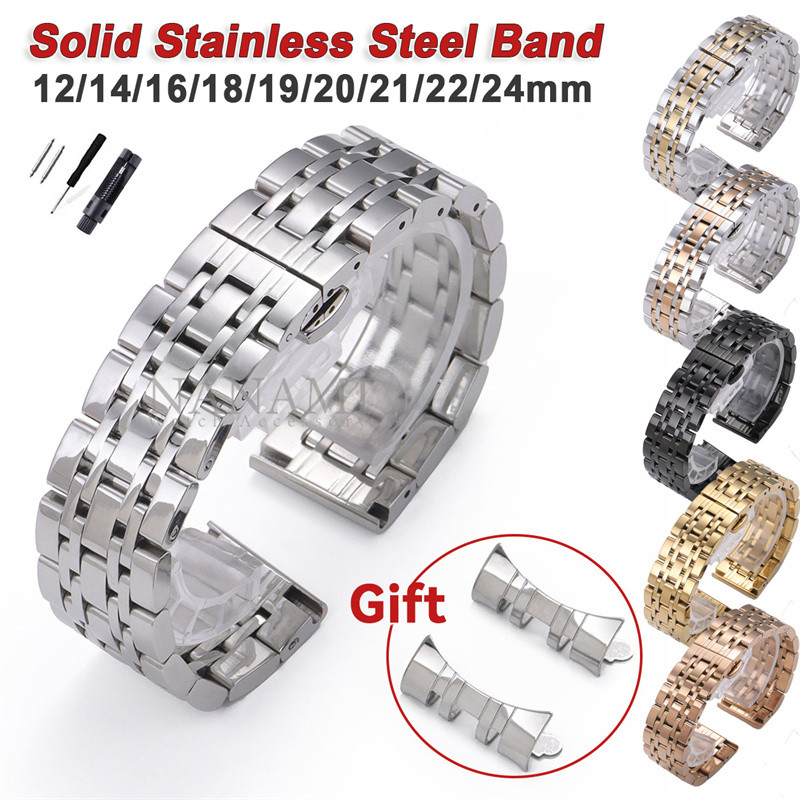Solid Stainless Steel Watch Band 12/14/16/18/19/20/21/22/24mm Flat ...