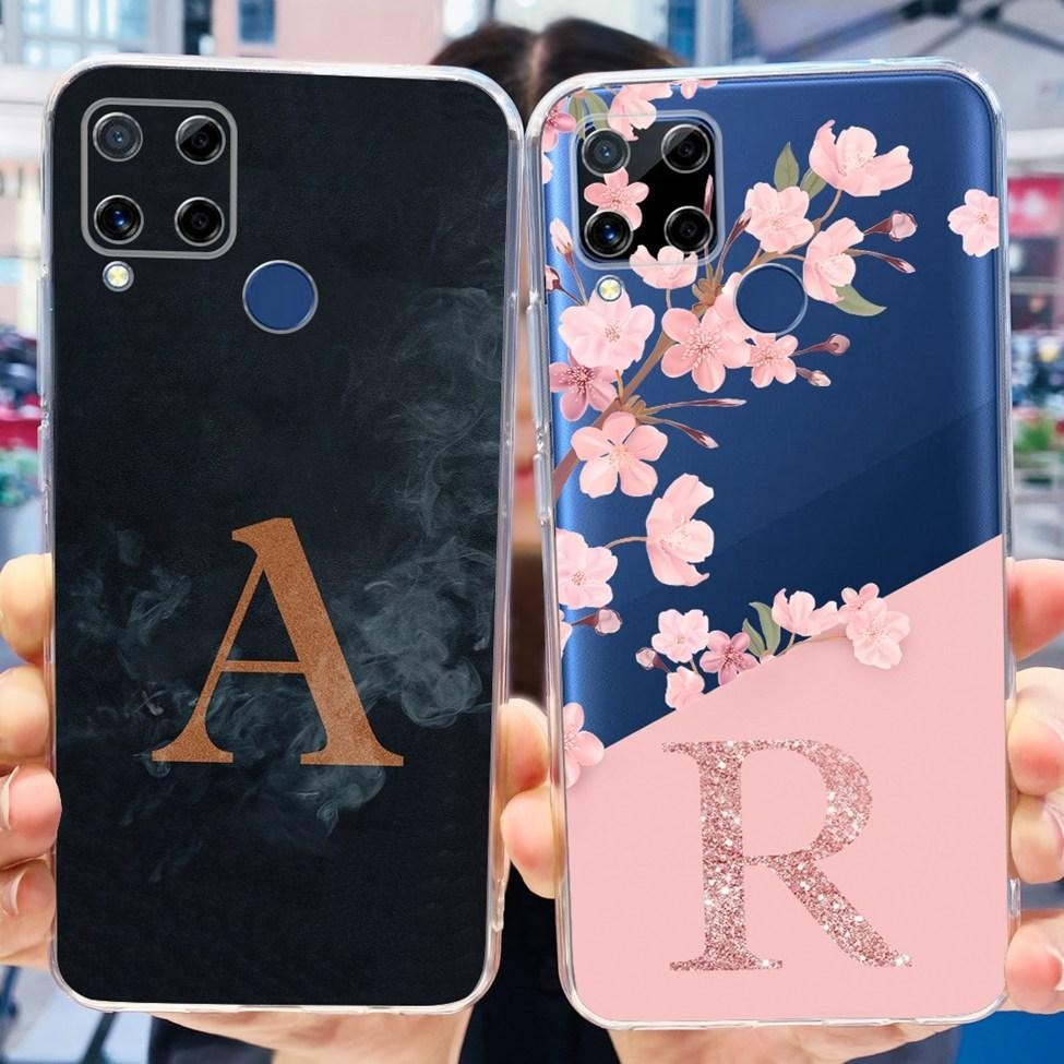 For Realme C15 Casing RMX2180 Luxury Letter Cute Flowers Pattern Back ...