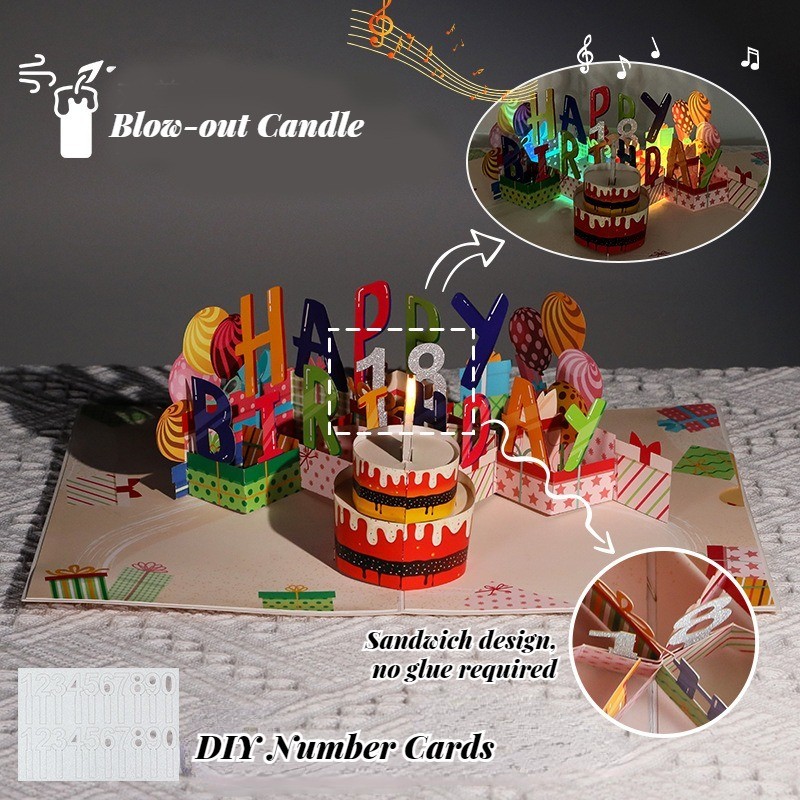 3D Musical Birthday Pop Up Card, Blow Out LED Light Candle & Music ...