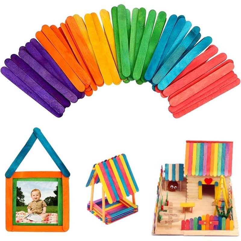 (50Pcs) DIY Colorful Rainbow Ice Cream Stick Wooden Stick Craft Student ...