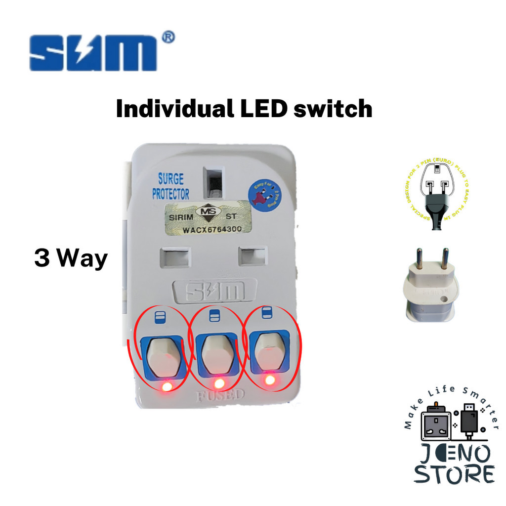 SUM NEW BIG 3 WAY 3 PIN UK adaptor with Individual switch & surge ...