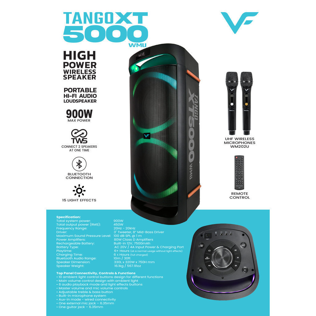 Vinnfier VF Tango XT5000 WMU 900W Bluetooth Speaker HI-FI Loud PartyBox ...