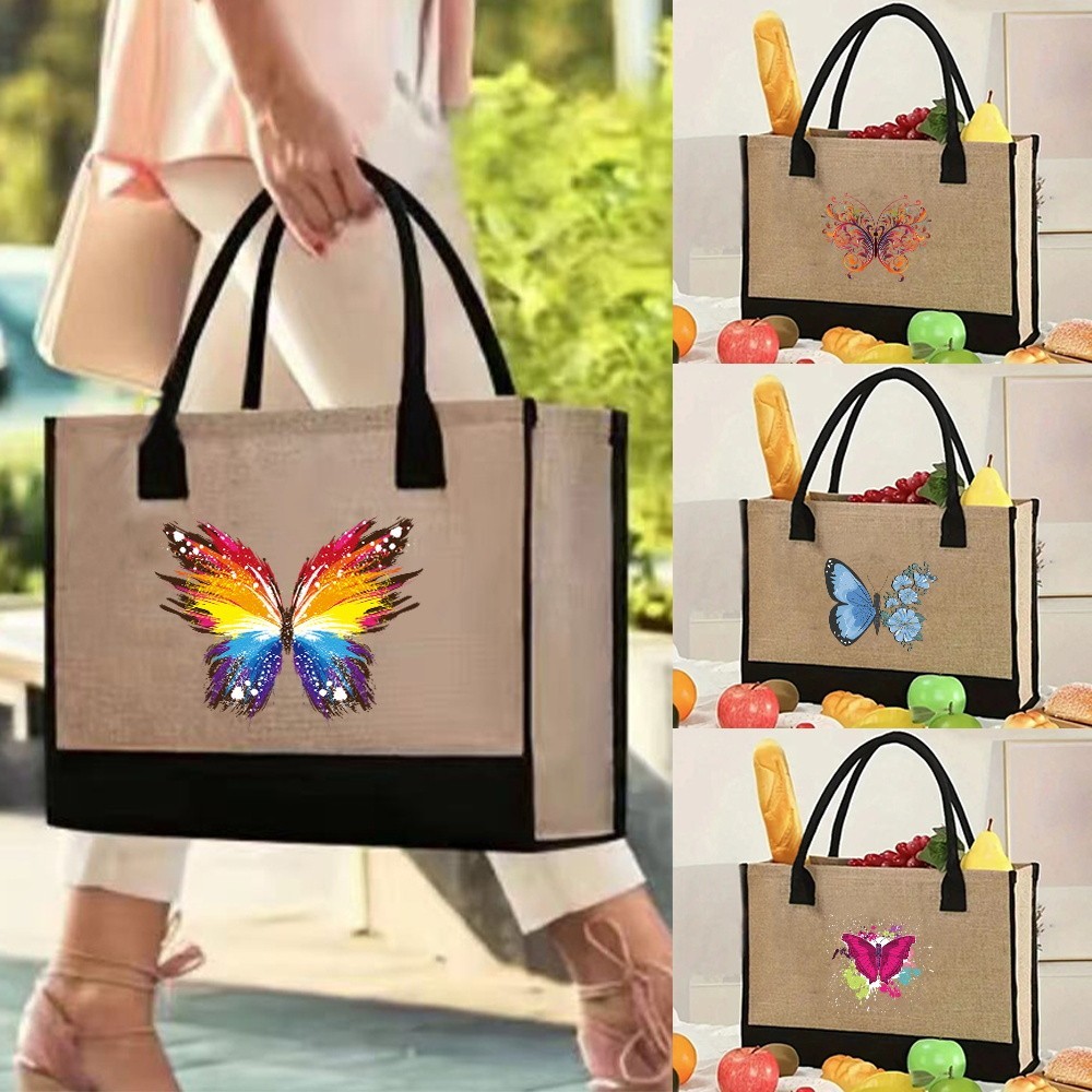 Jute Tote Handbags Print Butterfly Series Shopper Bag High Quality ...